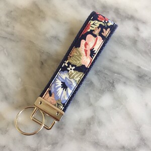 Blue Rose Print Floral Key Fob- Fabric Key Fob- Navy Key Fob- Blue ...