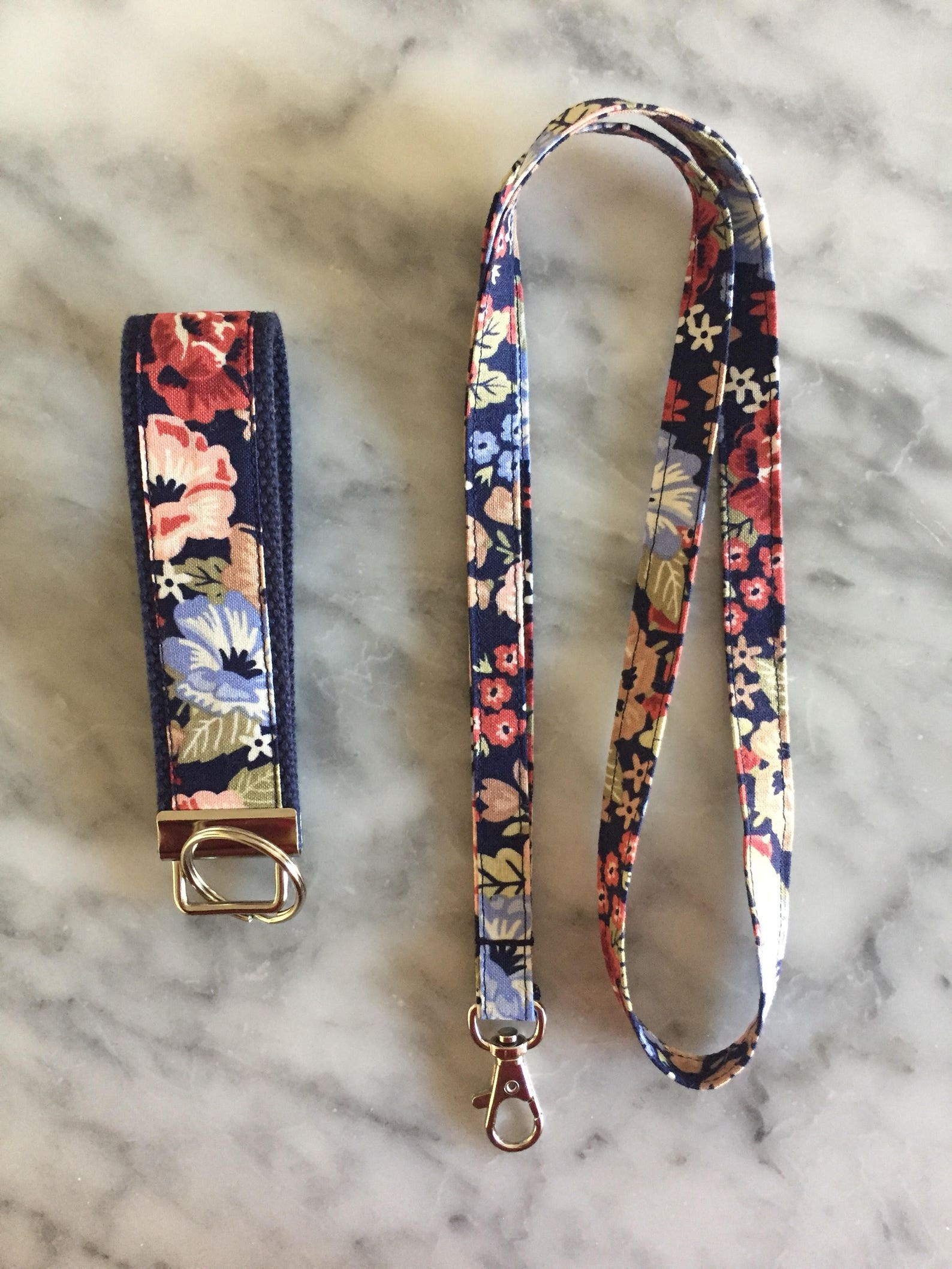Blue Rose Print Floral Key Fob- Fabric Key Fob- Navy Key Fob- Blue ...