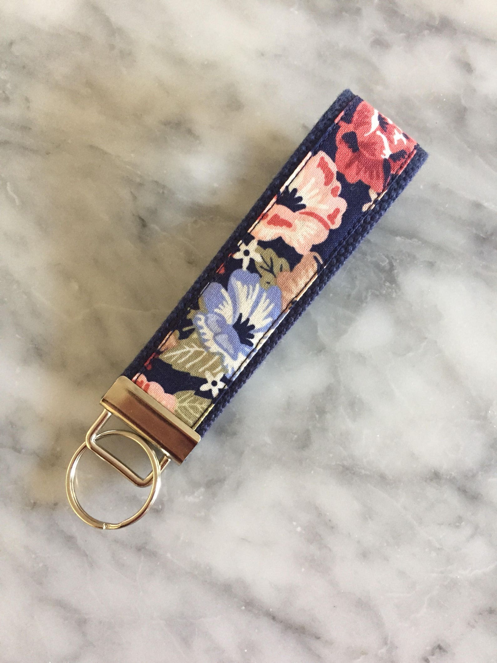 Blue Rose Print Floral Key Fob- Fabric Key Fob- Navy Key Fob- Blue ...