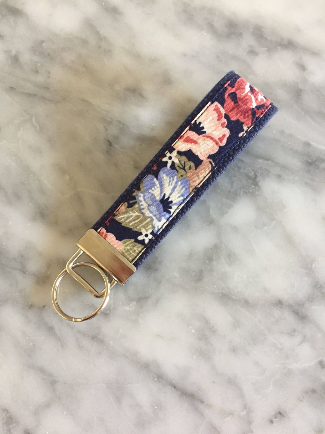 Blue Rose Print Floral Key Fob- Fabric Key Fob- Navy Key Fob- Blue ...