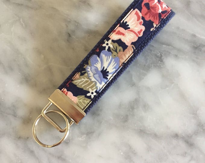 Blue Rose Print Floral Key Fob Fabric Key Fob Navy Key Fob Blue Flower ...