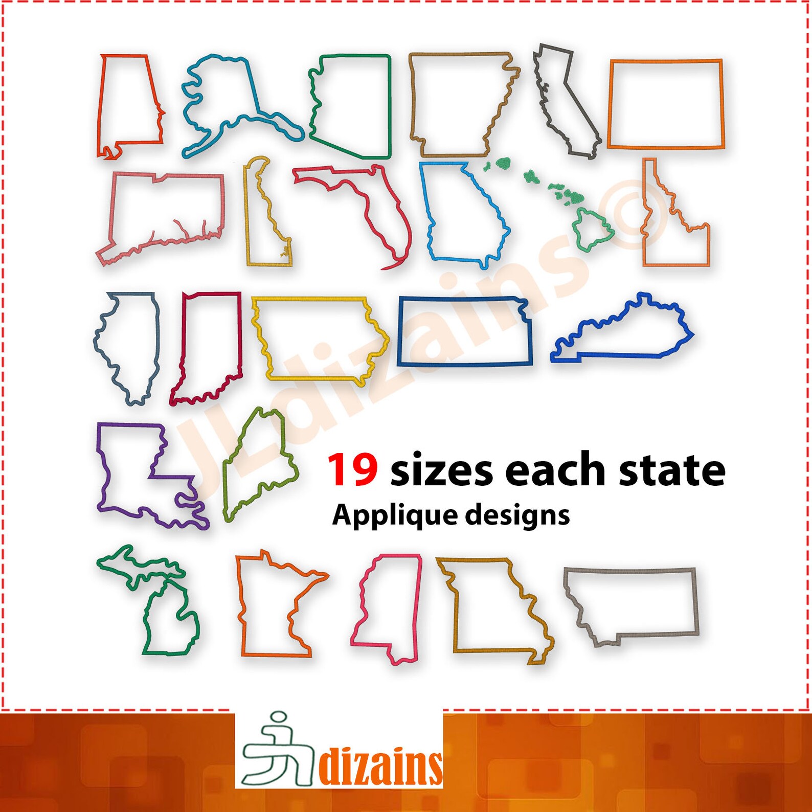 US States Applique Embroidery Designs. USA Map Applique. USA State ...