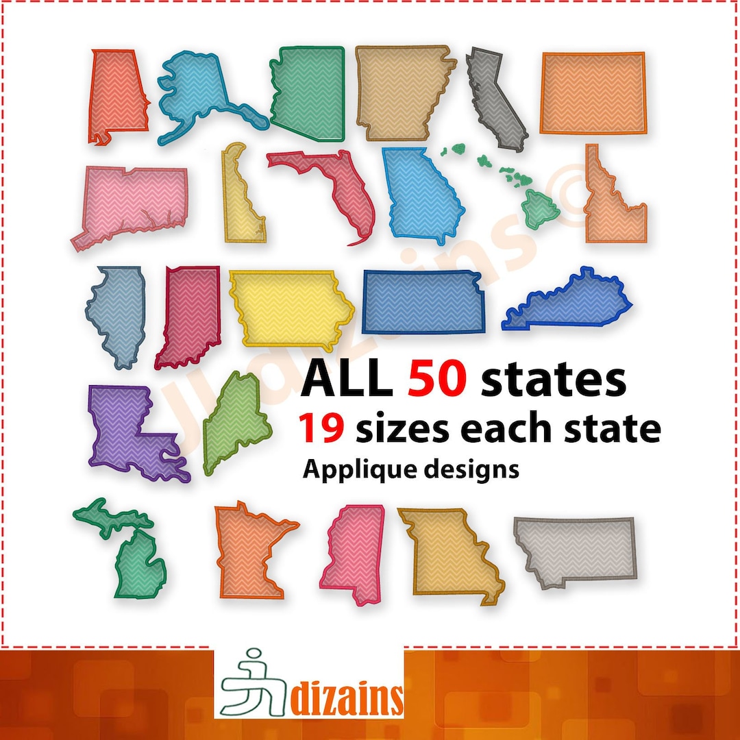 US States Applique Embroidery Designs. USA Map Applique. USA State ...