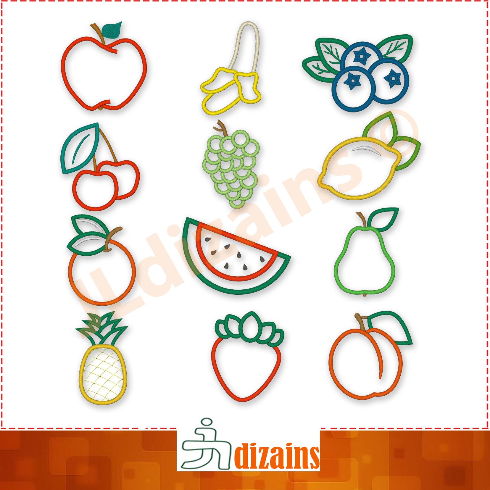 Fruit Applique Design Set. Fruit Embroidery Design Set. Watermelon ...