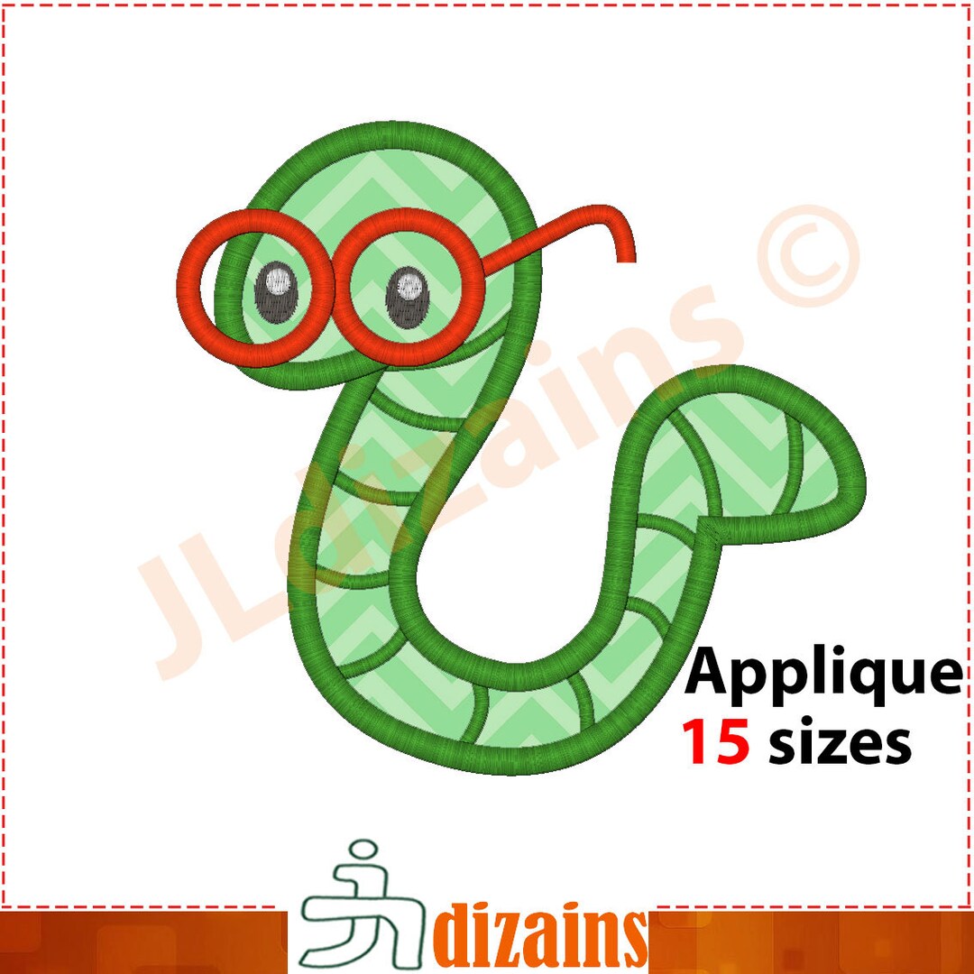 Book Worm Applique Design. Book Worm Embroidery Design. Bookworm ...