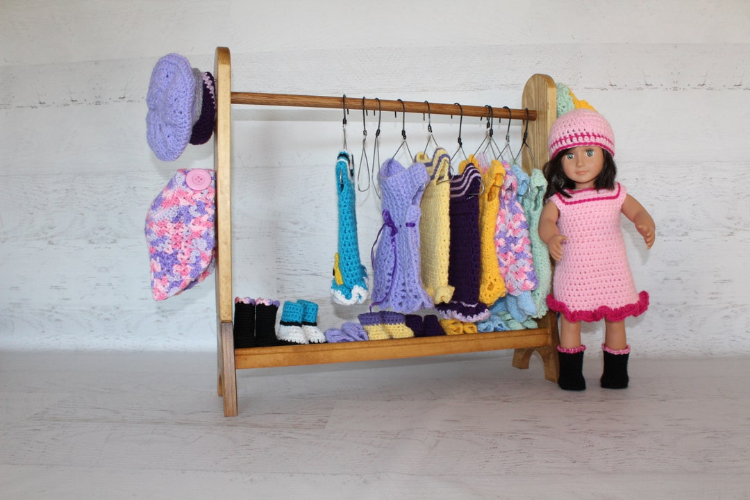 Wood Doll Clothes Rack With Shelf for Shoes, Hooks for Hats, and 10 ...