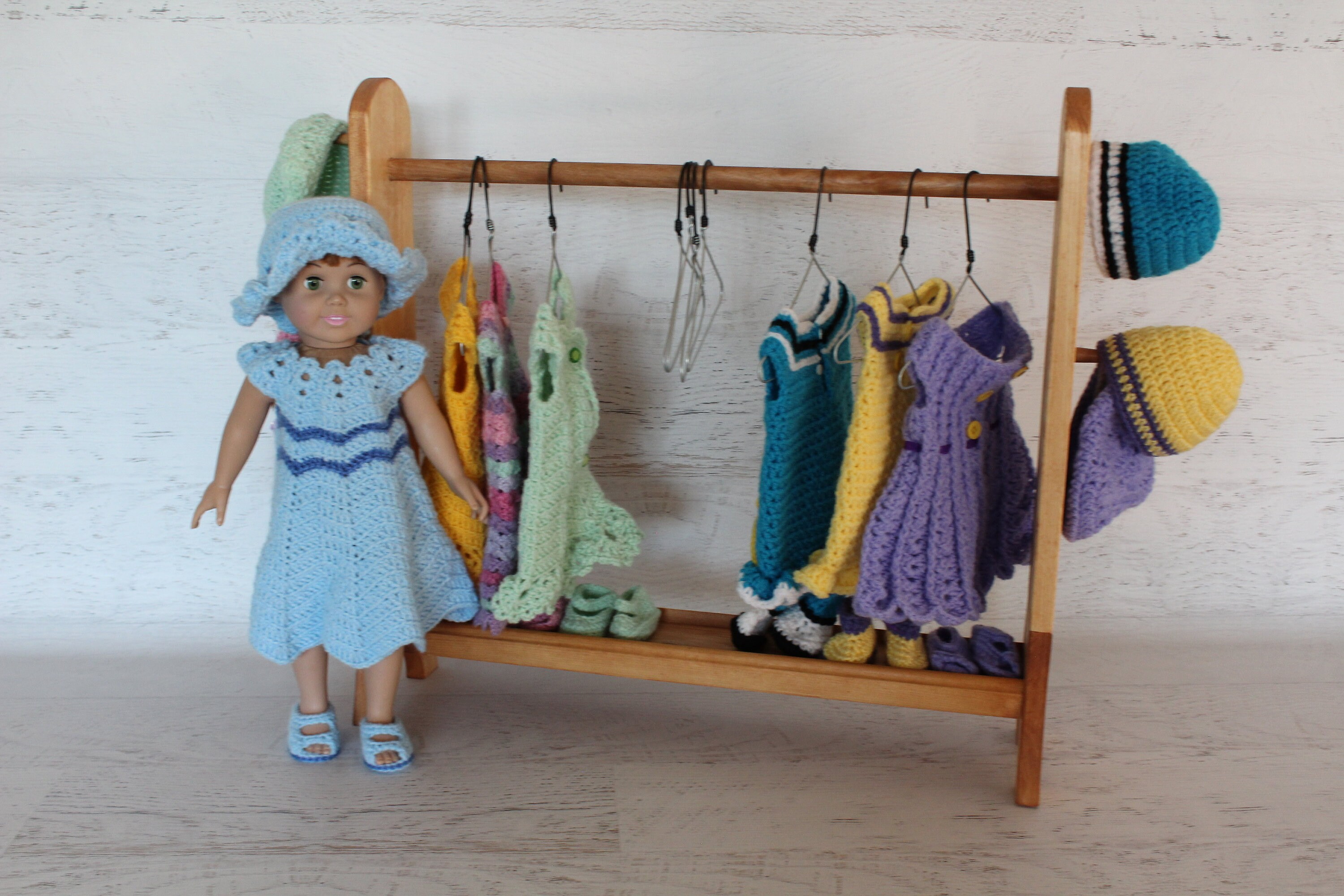 Wood Doll Clothes Rack With Shelf for Shoes, Hooks for Hats, and 10 ...