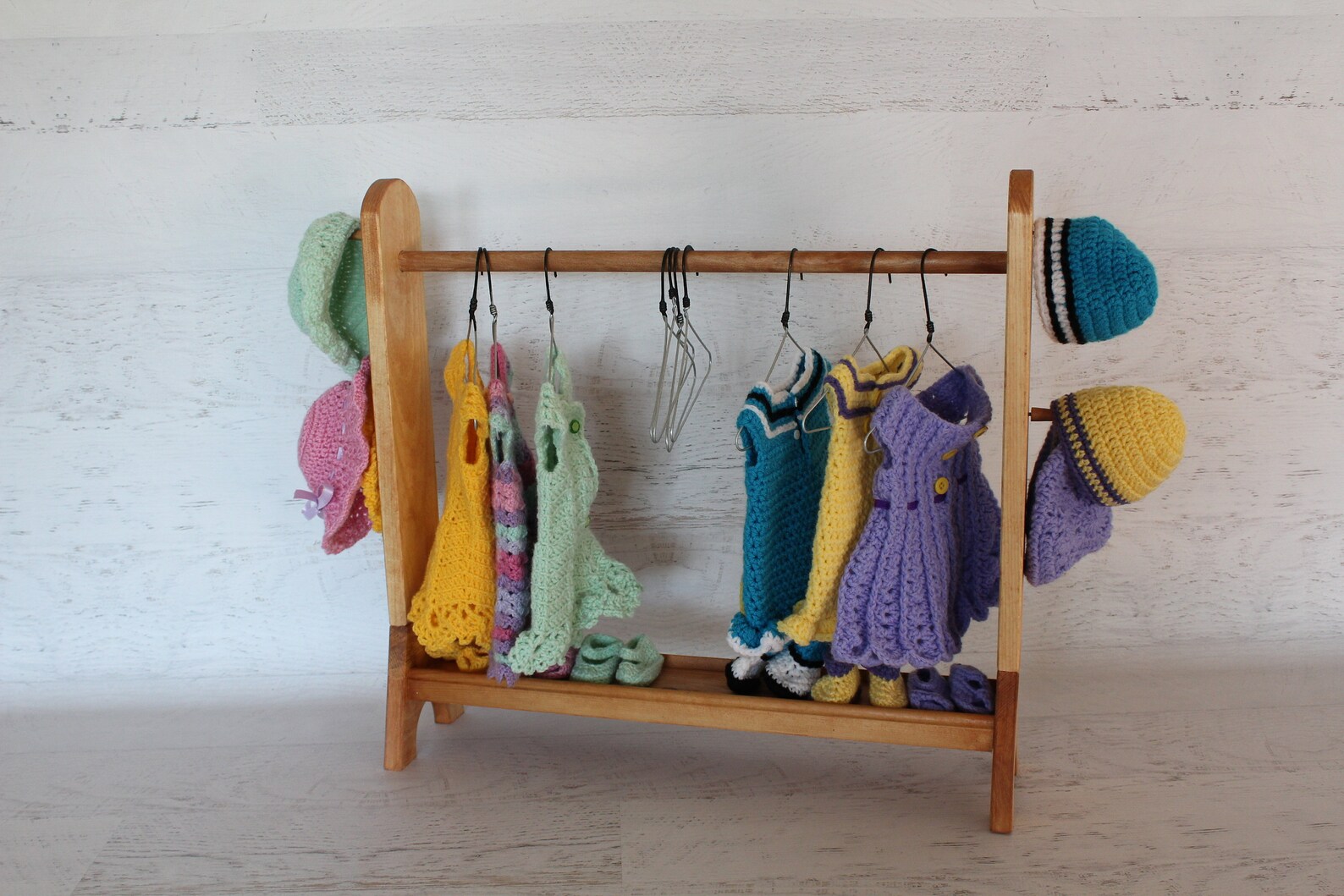 Wood Doll Clothes Rack With Shelf for Shoes, Hooks for Hats, and 10 ...