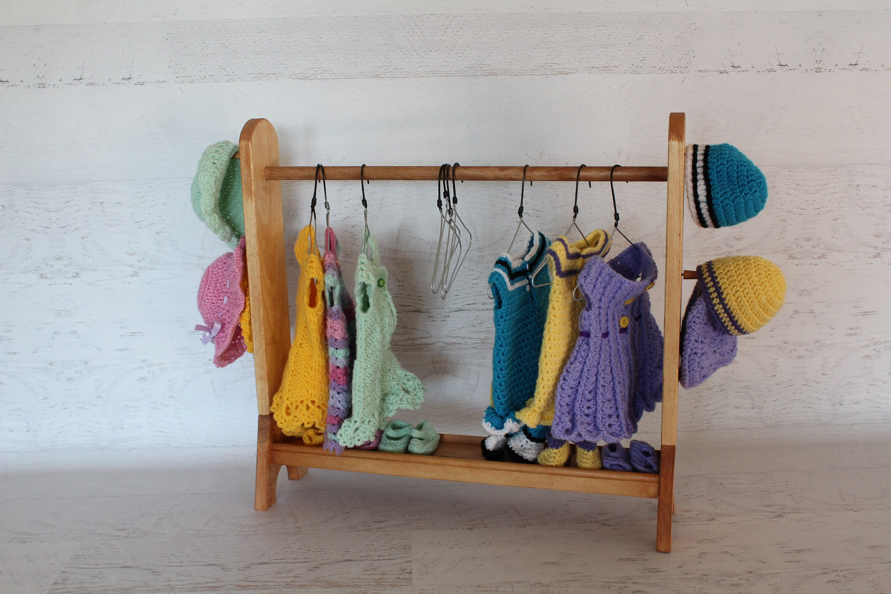 Wood Doll Clothes Rack With Shelf for Shoes, Hooks for Hats, and 10 ...