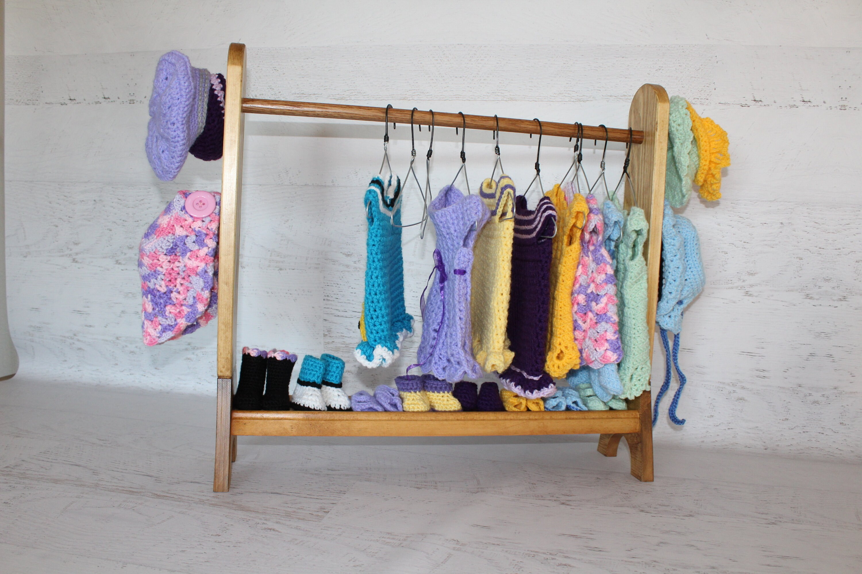 Wood Doll Clothes Rack With Shelf for Shoes, Hooks for Hats, and 10 ...