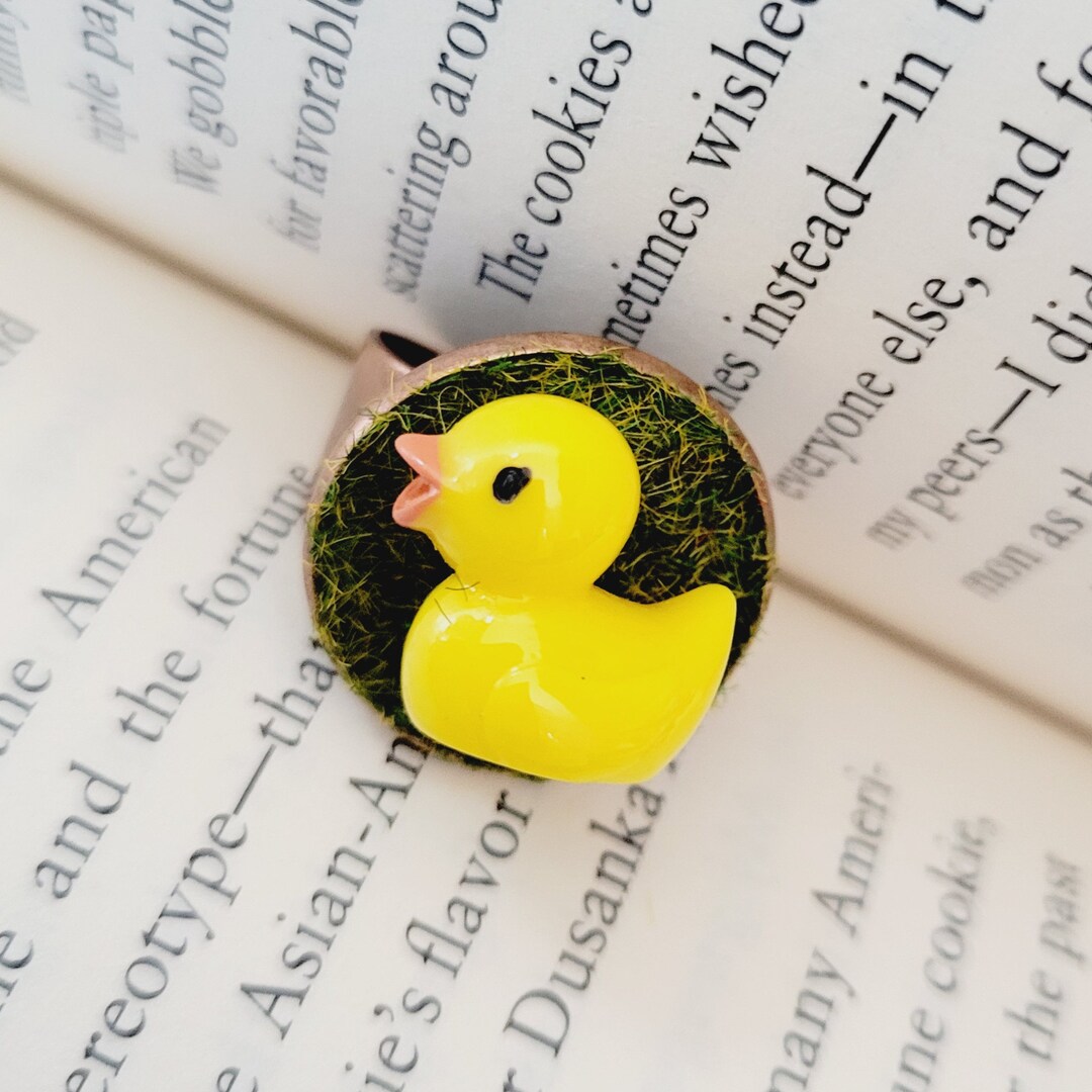 Mini Yellow Duck on Realistic Grass Antique Copper Tone Adjustable Ring ...