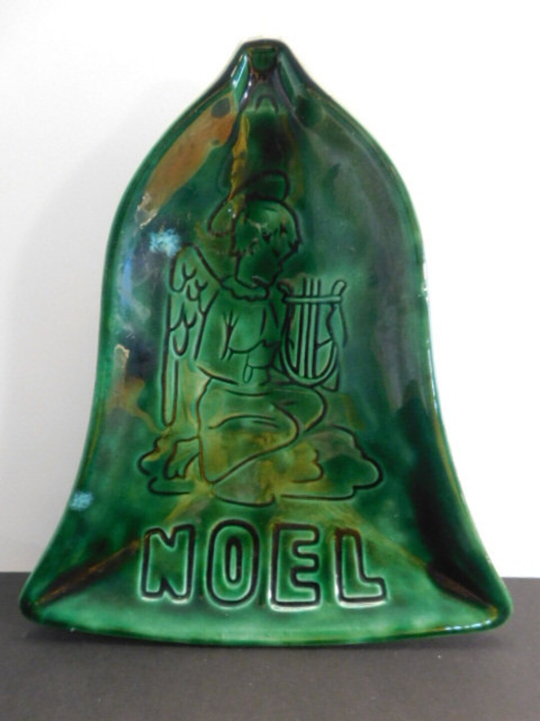 Lovely Deep Green Ceramic Bell Shaped Candy Dish Featuring an Angel and ...