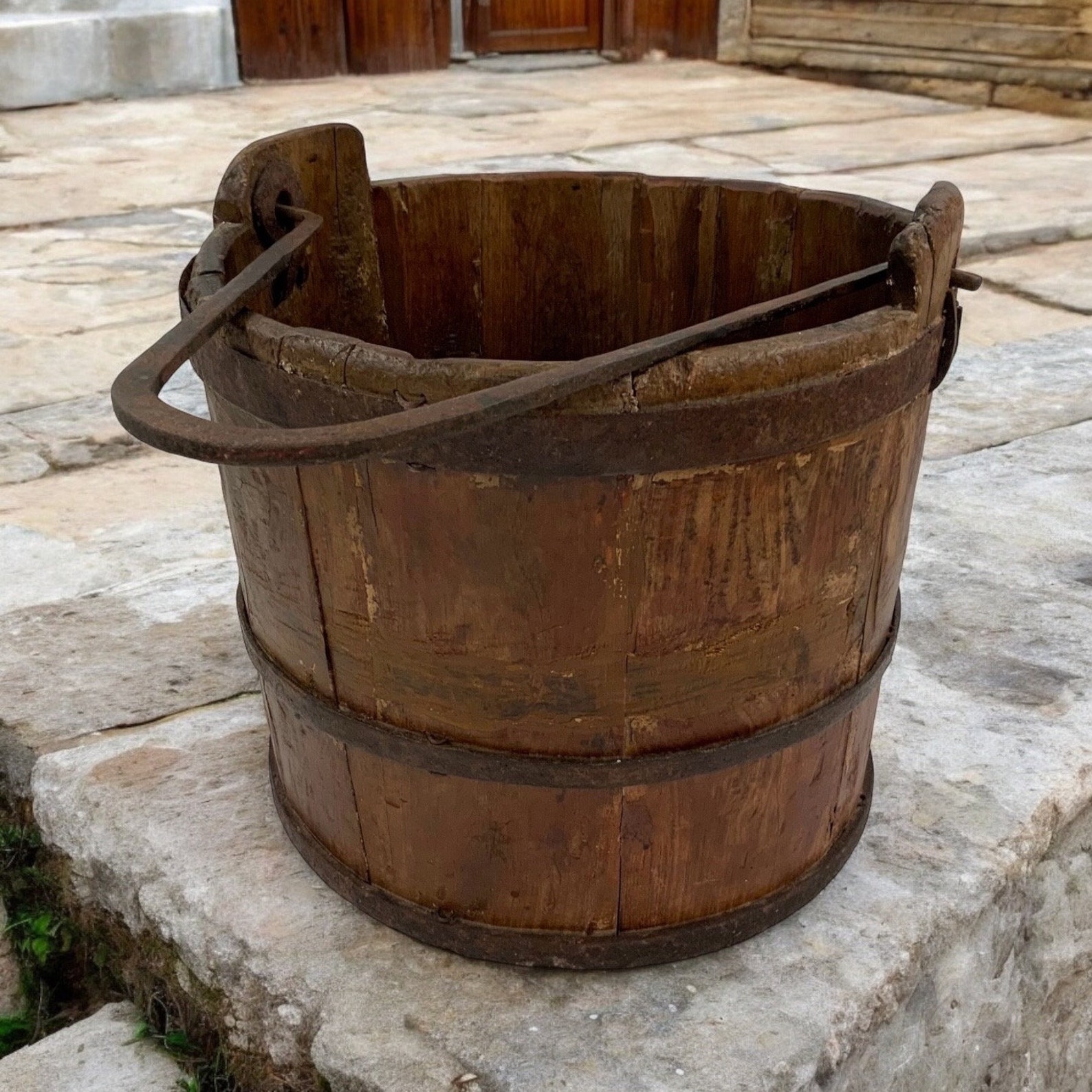 Antique 1800's Primitive Wooden Stave Well Water Bucket Iron Bands and ...