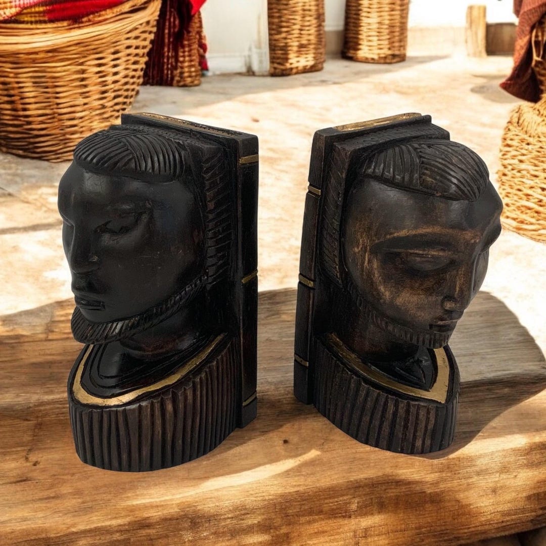 Mid Century 1950s African Hand Carved Bookends or Doorstops, Black ...