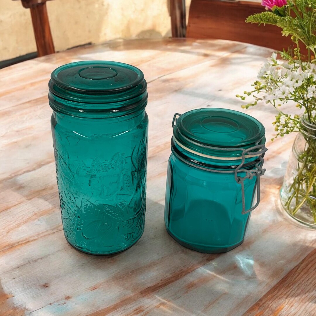 Vintage Emerald Green Embossed Fruit Design Glass Canister Jars, Set of ...