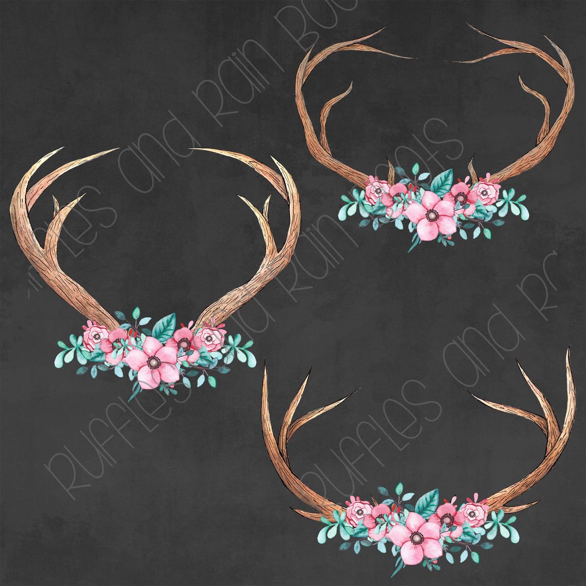 3 Watercolor Deer Antlers and Flowers SVG PNG Clipart, Boho Scrapbook ...