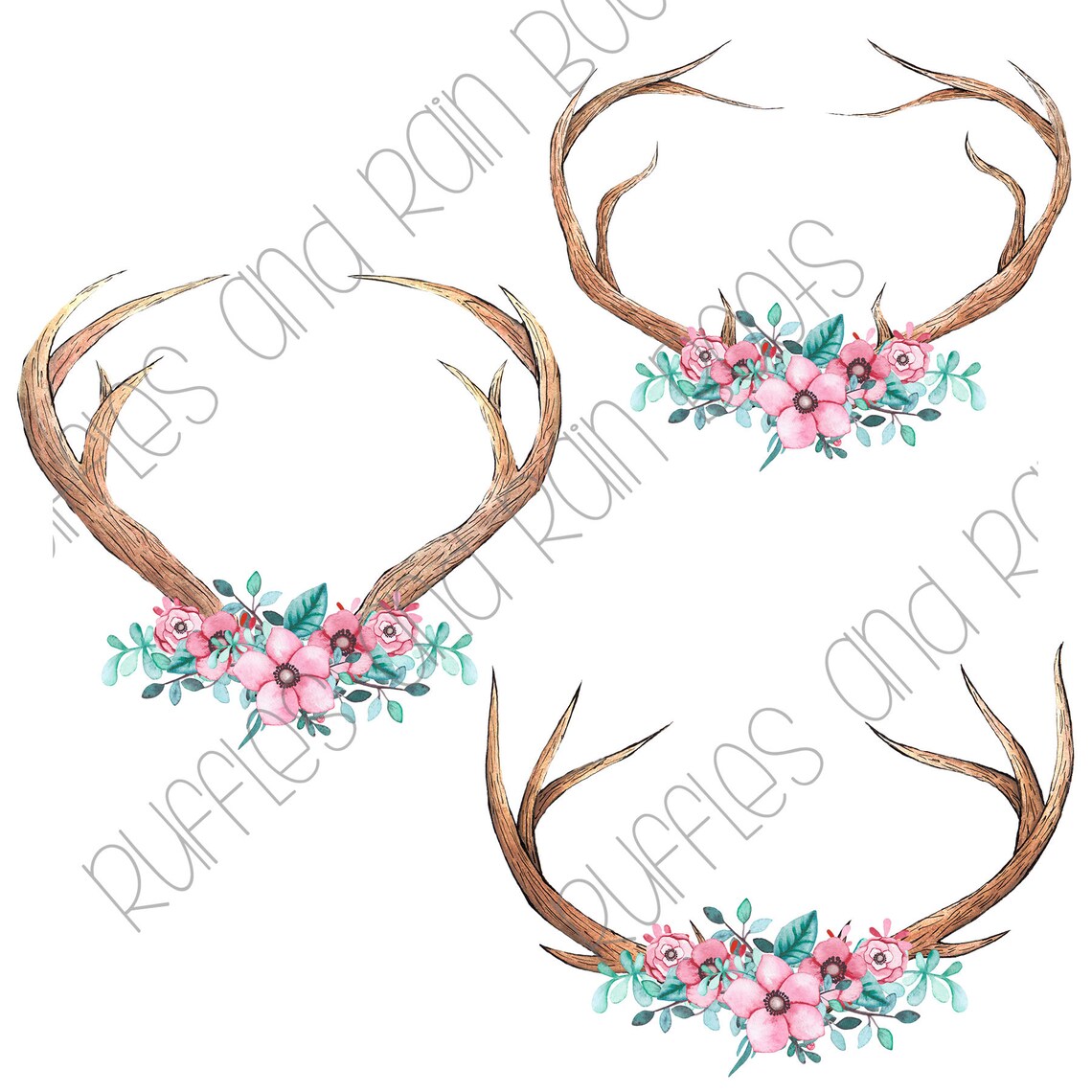 3 Watercolor Deer Antlers and Flowers SVG PNG Clipart, Boho Scrapbook ...