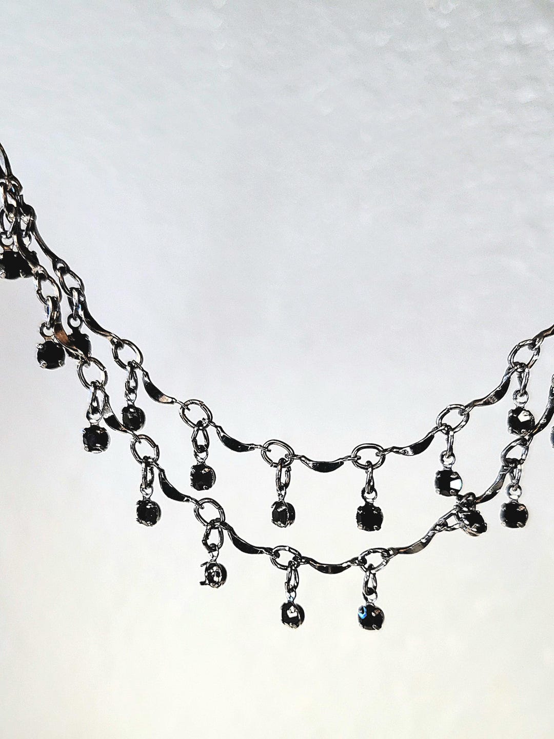 Red Garnet Layered Drape Chain Necklace, Dark Silver Tone, Delicate ...