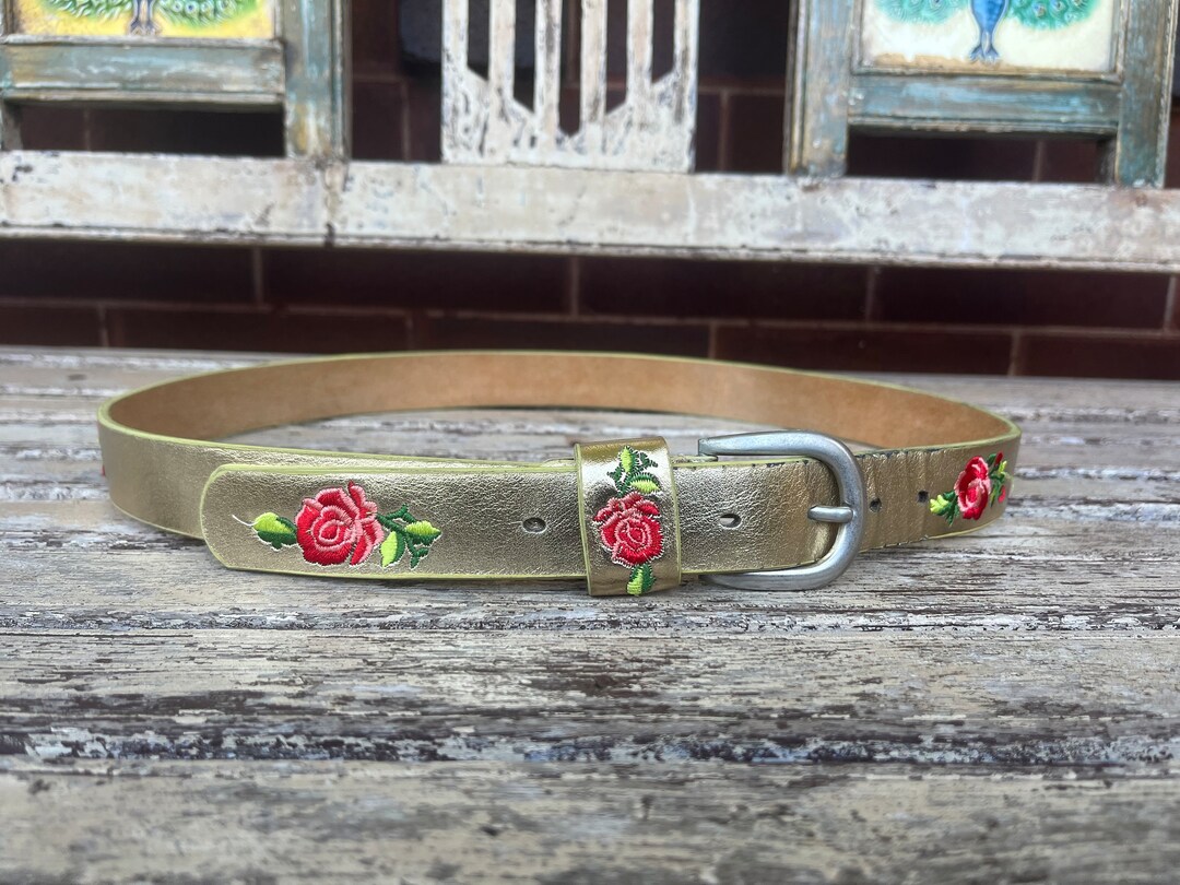 Vintage Gold Leather Embroidered Belt Red Roses - Etsy