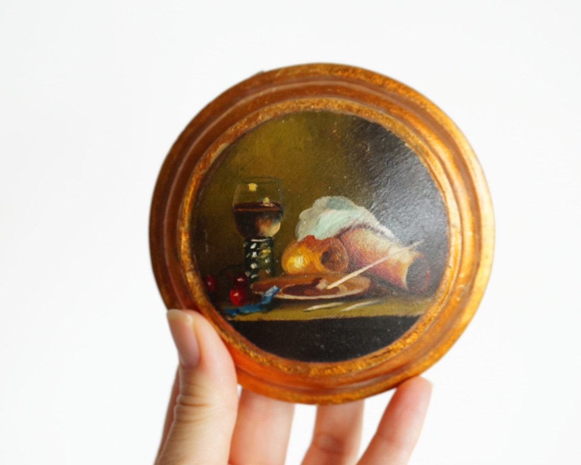 Vintage Miniature of Still Life Real Oil Painting Convex in - Etsy