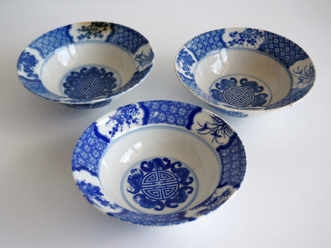 Chinese Porcelain Blue & White Rice Bowl Set of 3 With - Etsy