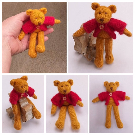Little Teddy Bear With Small Red Jacket On, Handknitted Little Teddy Bear With Small Red Jacket On, Handknitted