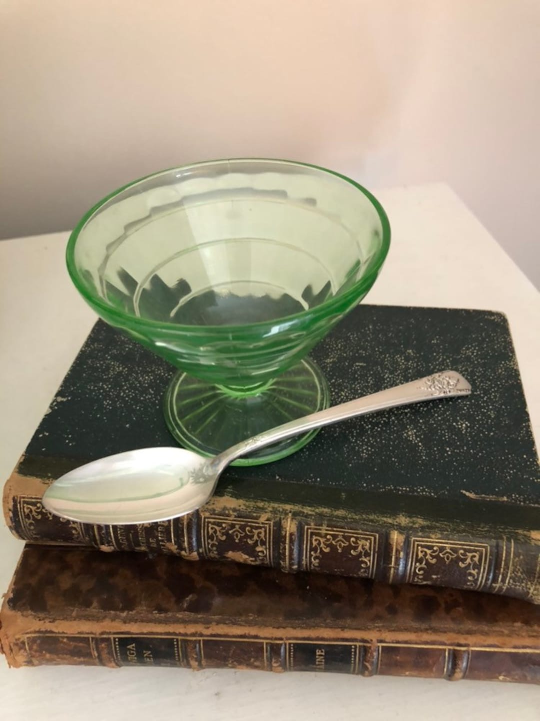 Six Depression Glass Dessert Dishes and Silver Plate Spoons, Set of Six ...