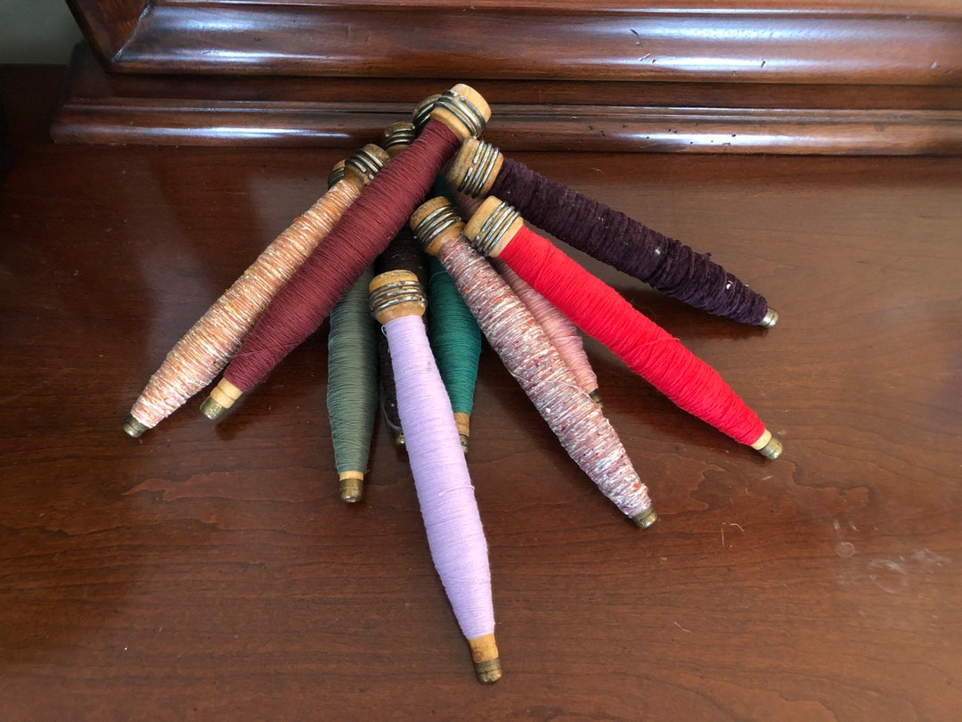 Pair of Vintage Wooden Textile Bobbins With Original Thread | Antique ...