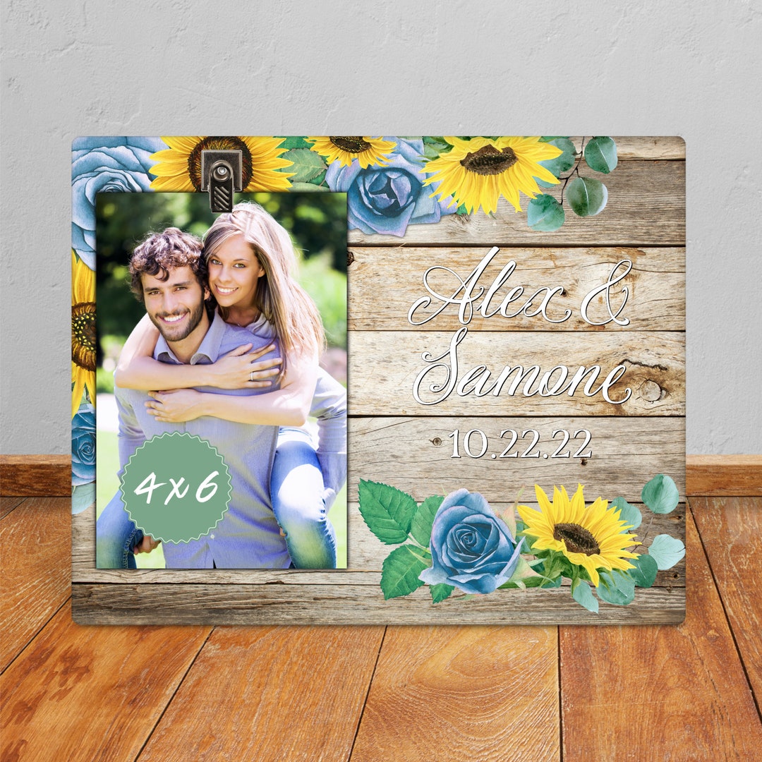 Blue Roses & Sunflowers Wedding Photo Frame - Personalized Picture Gift ...