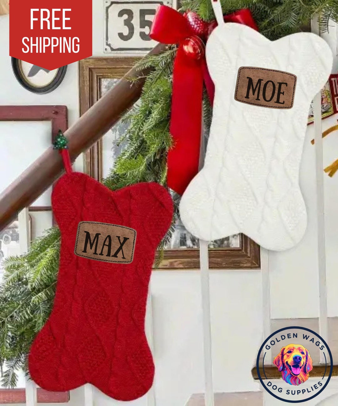 Dog Bone Stocking • Personalized Dog Bone Stocking With Leather Patch ...