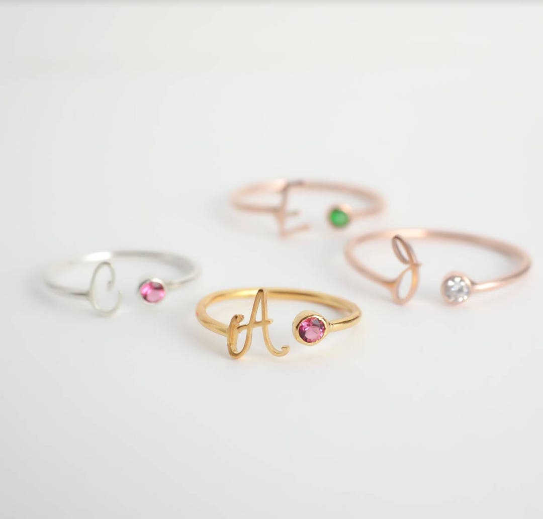 Initial Birthstone Ring - Custom Name Gemstone - Stacking Rings ...
