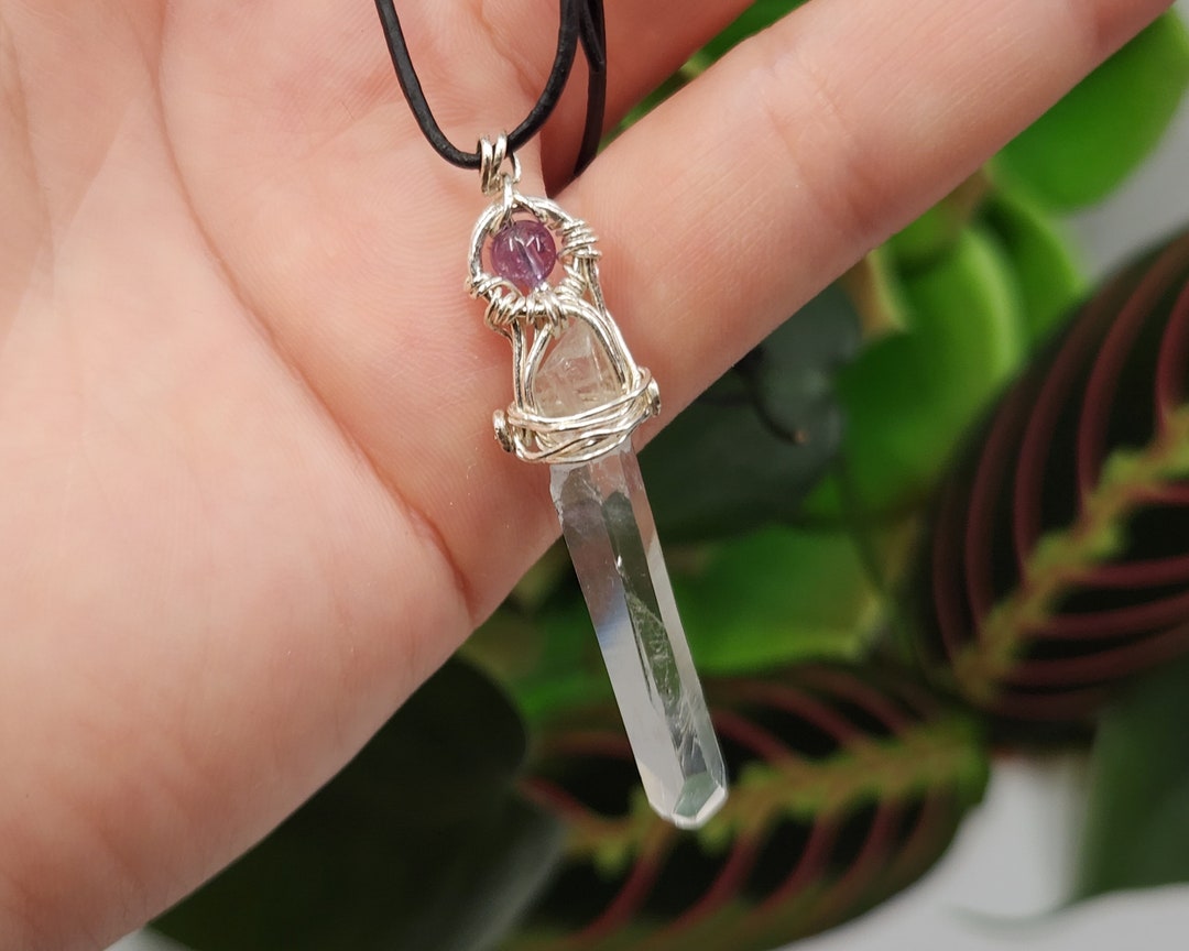 Quartz Crystal & Amethyst Bead Wire Wrapped Pendant on Leather Cord ...