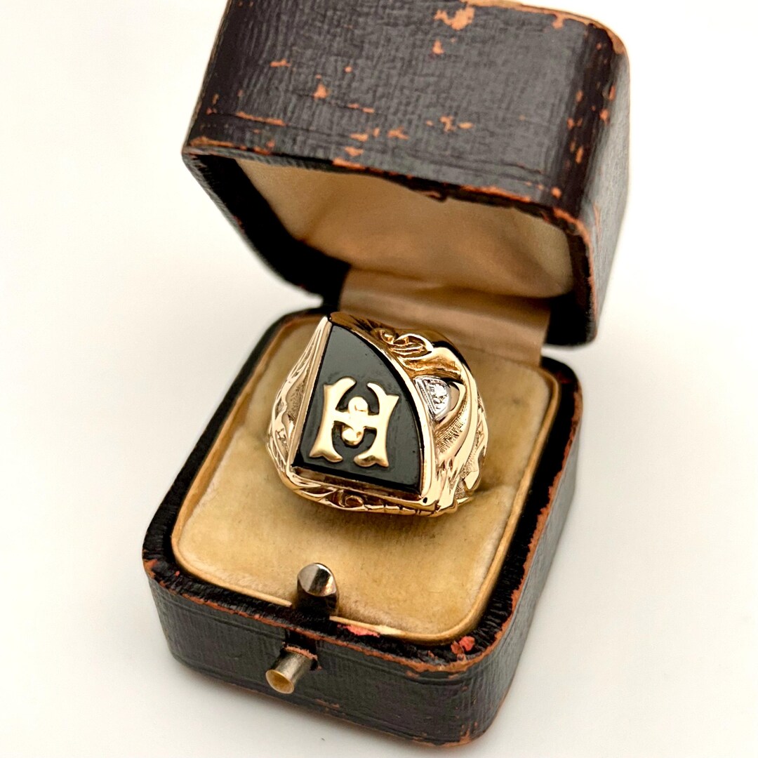 Vintage "h" Signet Ring With Onyx and Single Cut Diamond in 10k - Etsy