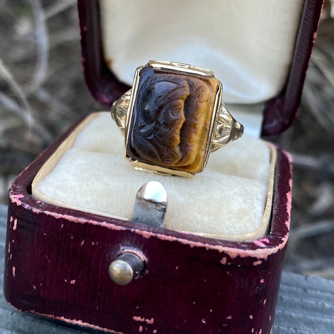 Vintage Mid-century Roman Soldier Tiger's Eye Double Cameo Ring in 10k ...