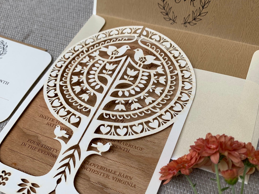 Laser Cut Rustic Tree Wedding Invitation, Real Wood Veneer Engraved ...