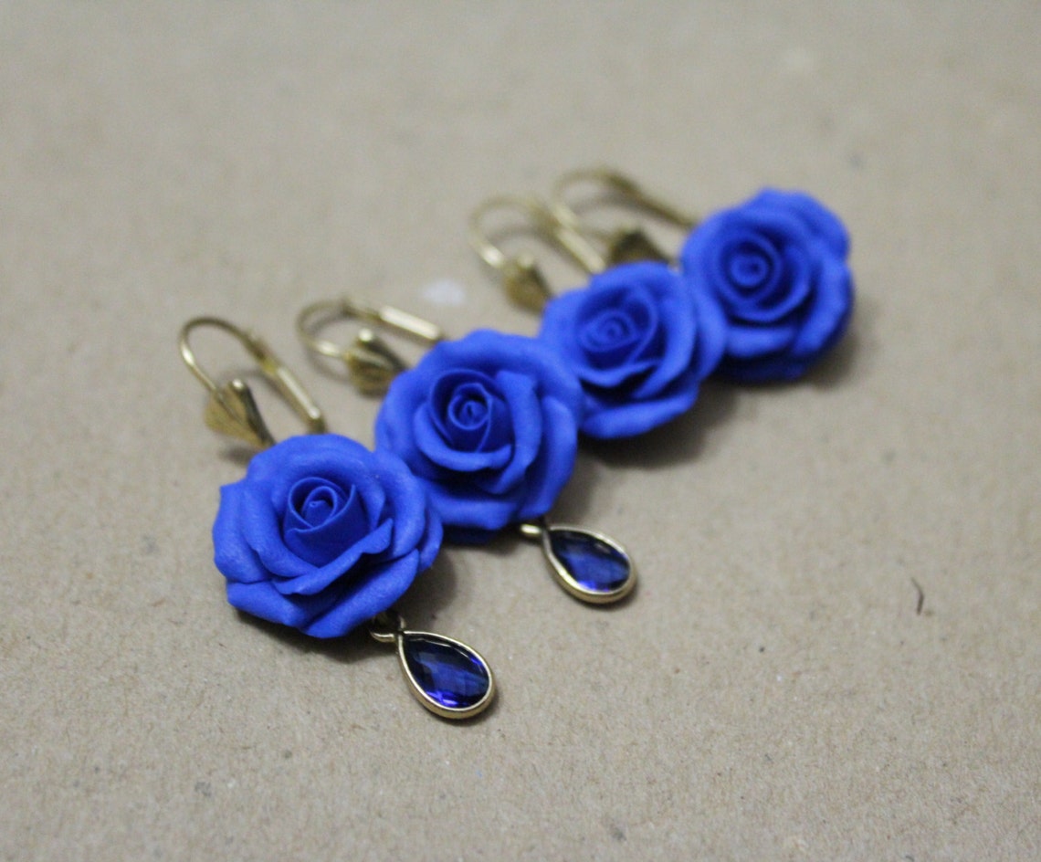 Blue Rose Drop Earrings Royal Blue Flower Drop Earrings Blue - Etsy
