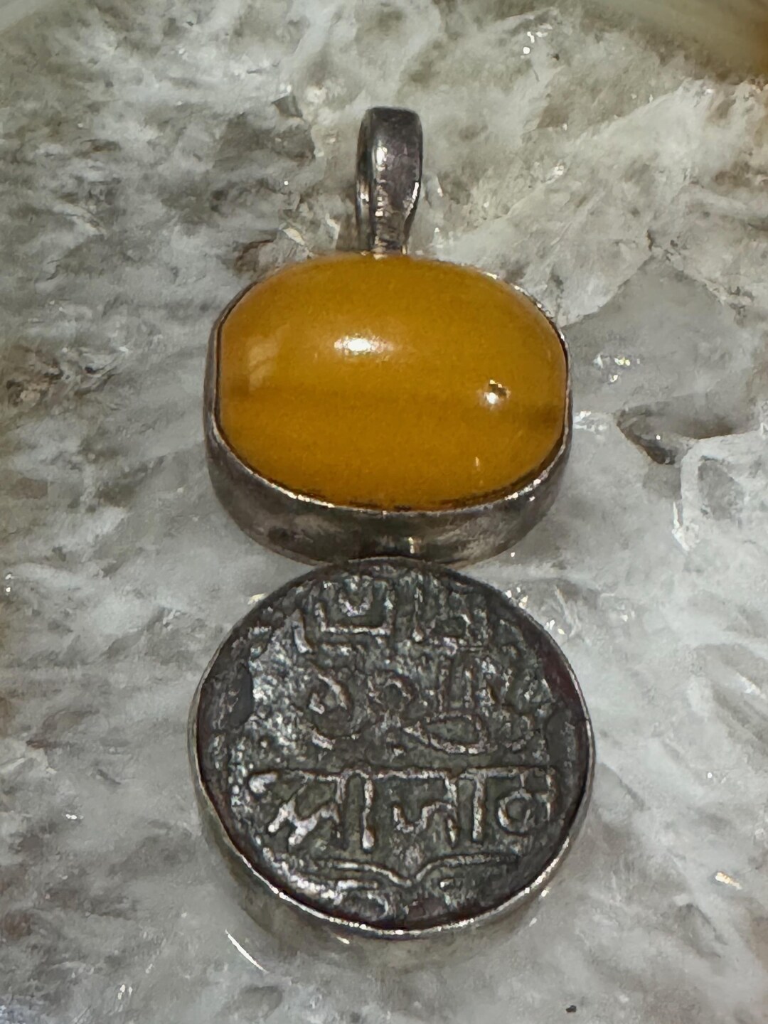 Vtg Bronze Asian Coin Pendant 2 Inch L W/ Calcite Gemstone Bezel Set ...