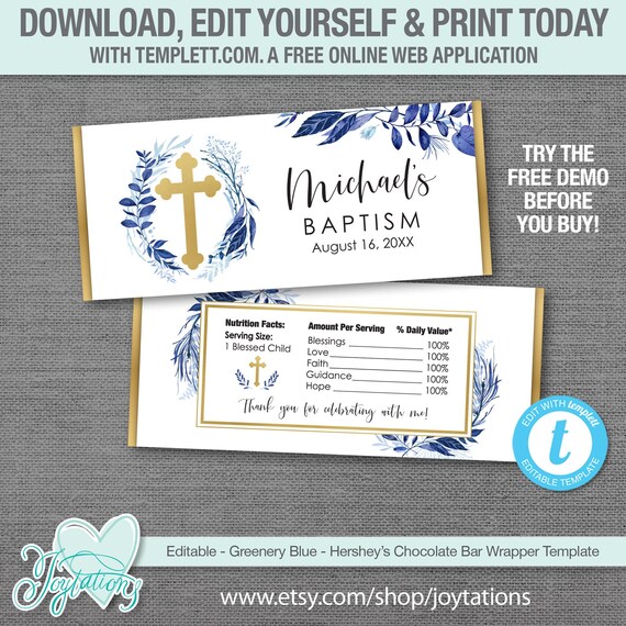 Editable Greenery Blue Communion Hershey's Chocolate Bar Wrapper ...