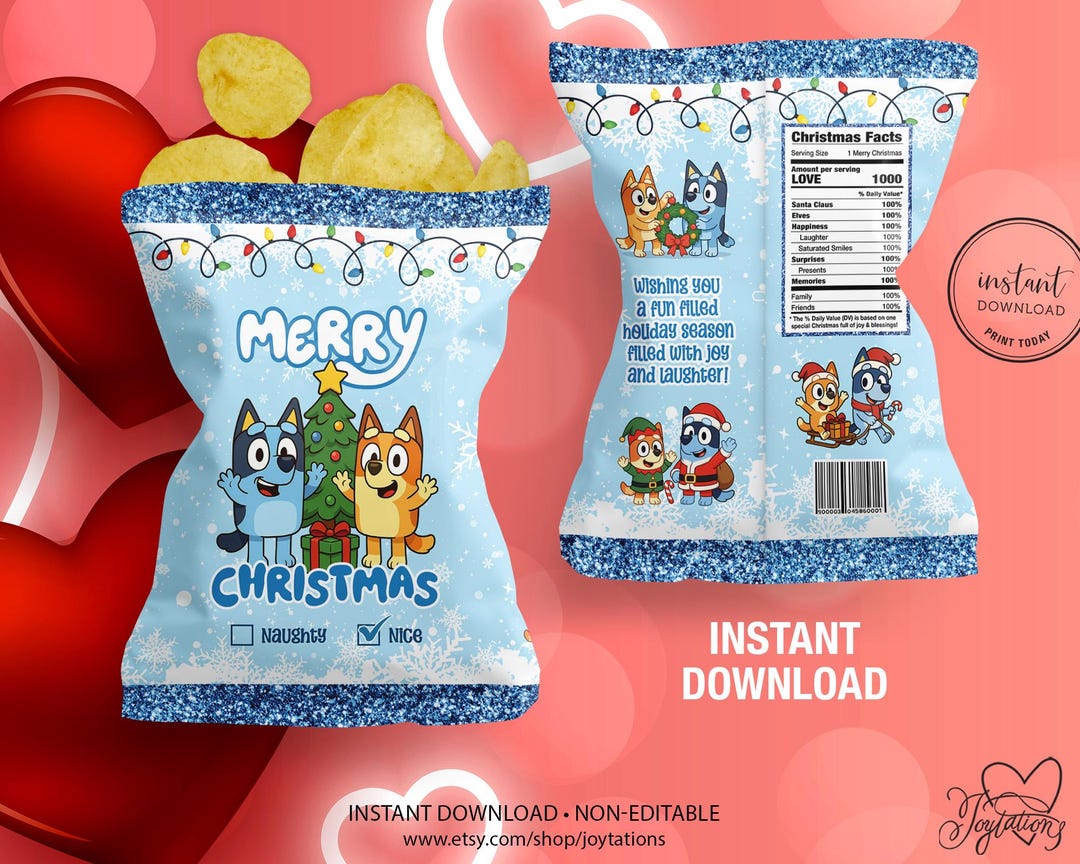 Bluey Christmas Chip Bag Wrapper Printable, Dog Treat Bag, Pet Chip Bag ...