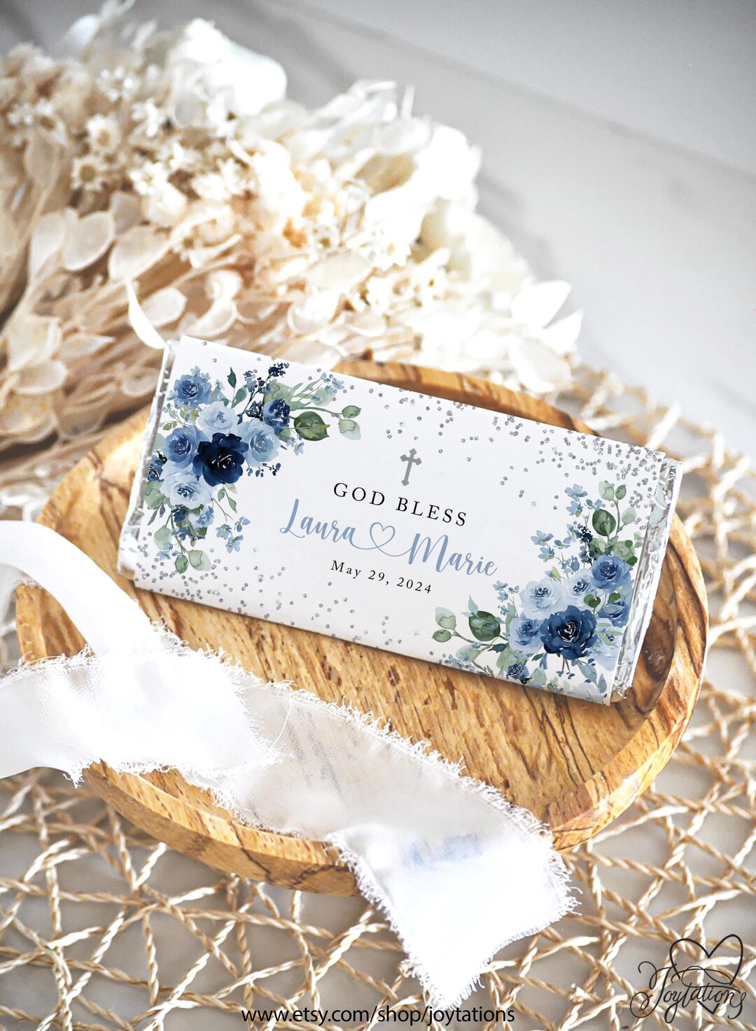 Blue Flowers Baptism Hershey's Chocolate Bar Wrappers for Boy Printed ...