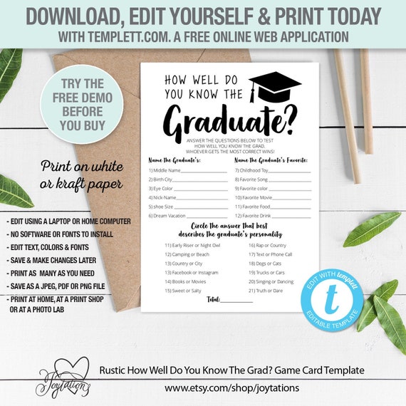 Editable How Well Do You Know The Graduate Game Card Template, Instant ...