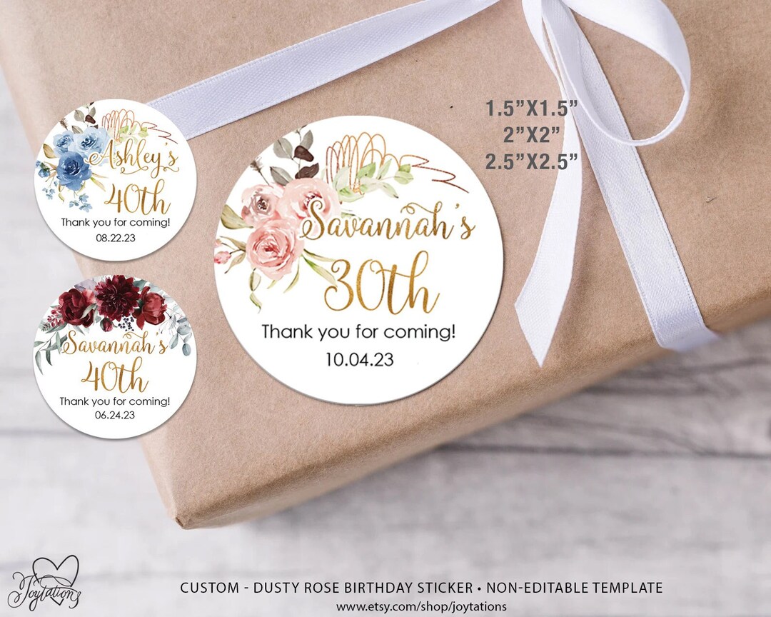 Dusty Rose Birthday Stickers, 40th Birthday Stickers, 30th Birthday ...