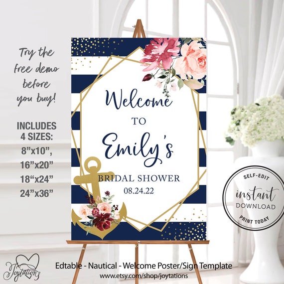 Nautical Welcome Sign Template, Bridal Shower, Instant Download ...