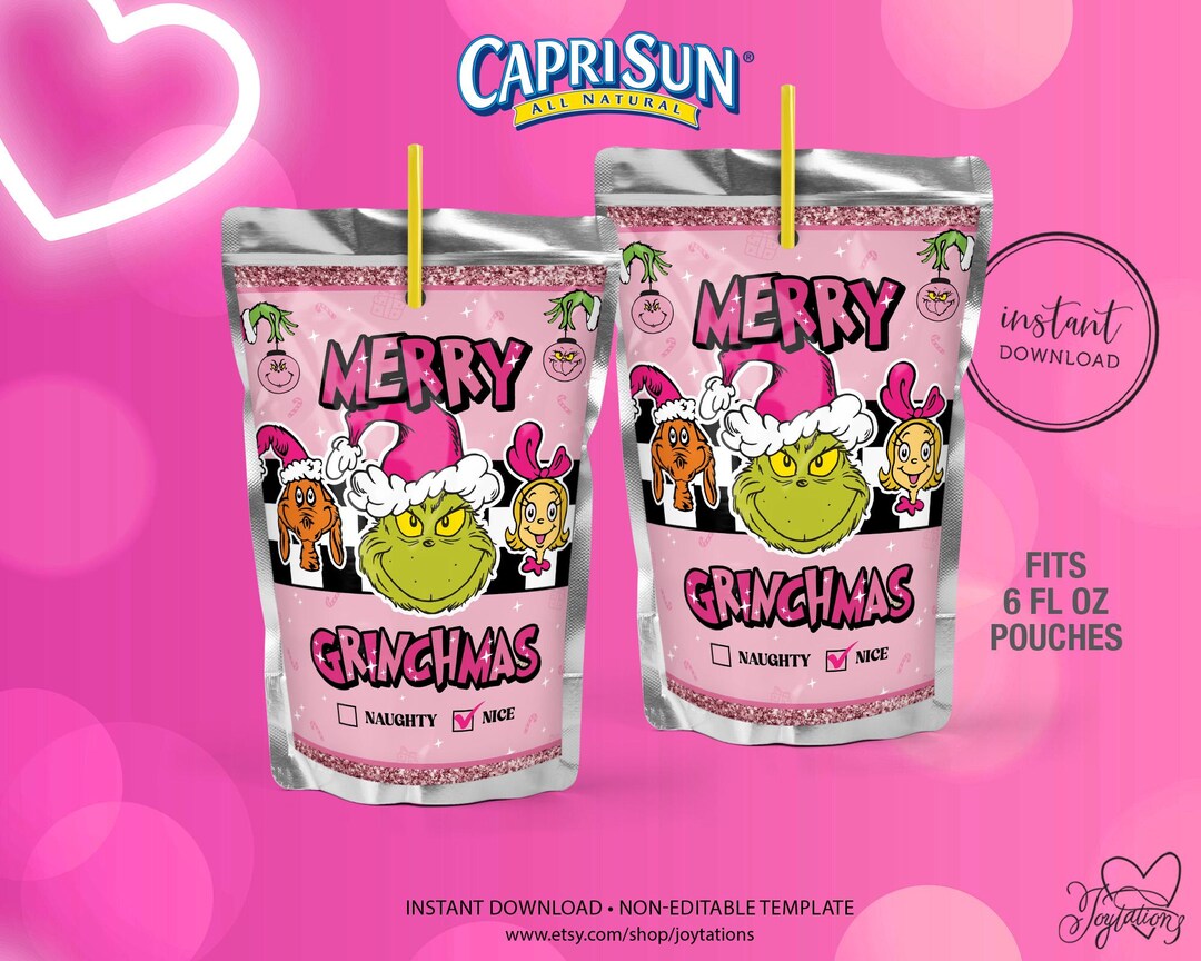 The Grinch Caprisun Pink Labels Printable File, Grinchmas Juice Pouch ...