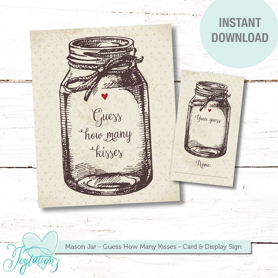 Mason Jar Guess How Many Kisses Bridal Shower Game Baby Shower Game Printable Instant 