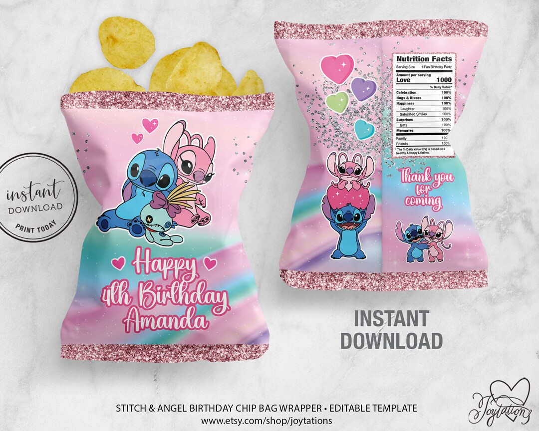 Stitch and Angel Birthday Chip Bags Template, Lilo and Stitch Birthday ...