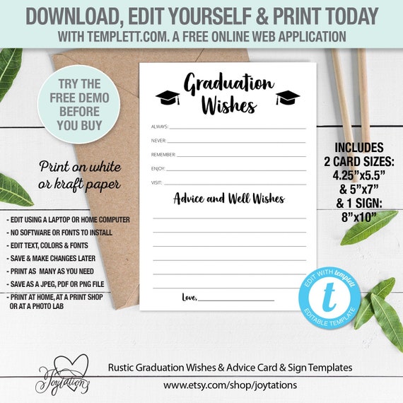 Graduation Wishes Advice and Well Wishes Card and Sign Editable ...