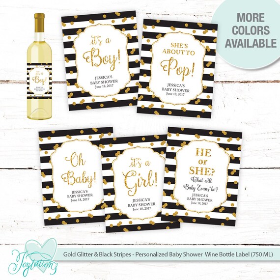 Gold Glitter and Black Stripes Baby Shower Wine Bottle Label | Etsy