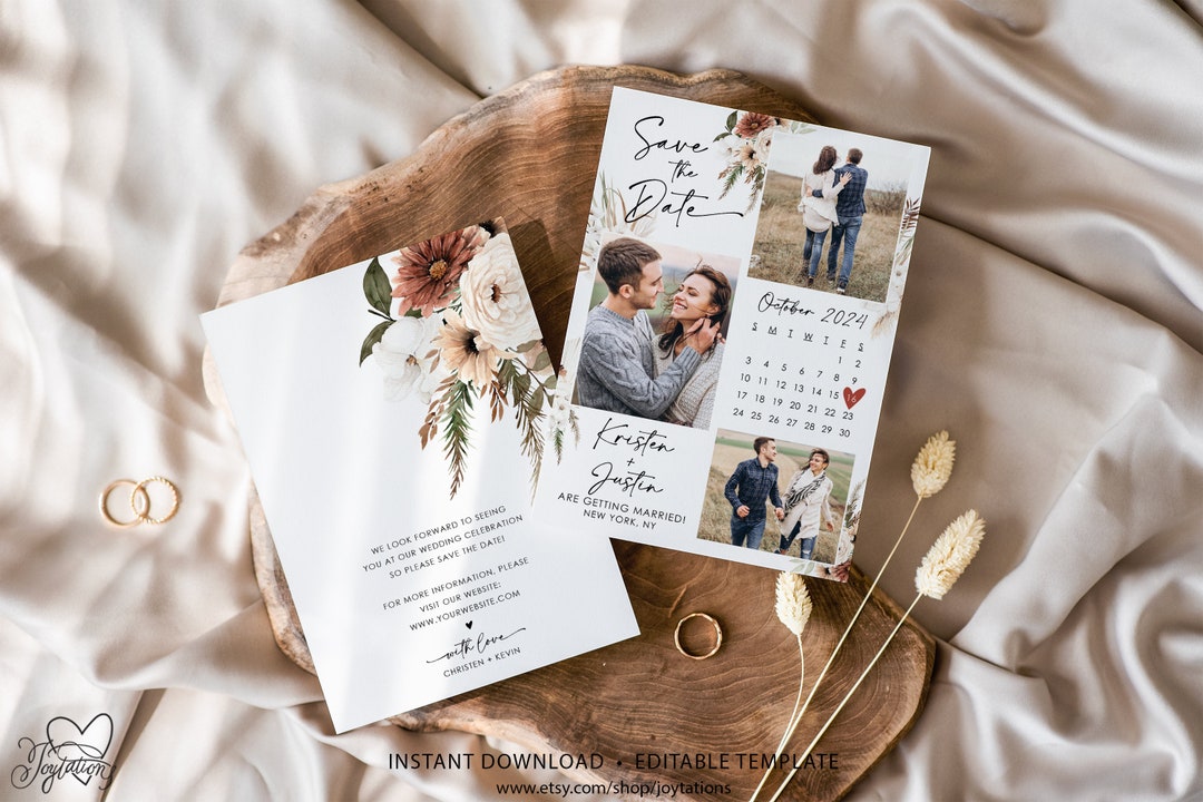 Boho Save the Date Card Template With Photo and Calendar, Fall Autumn ...