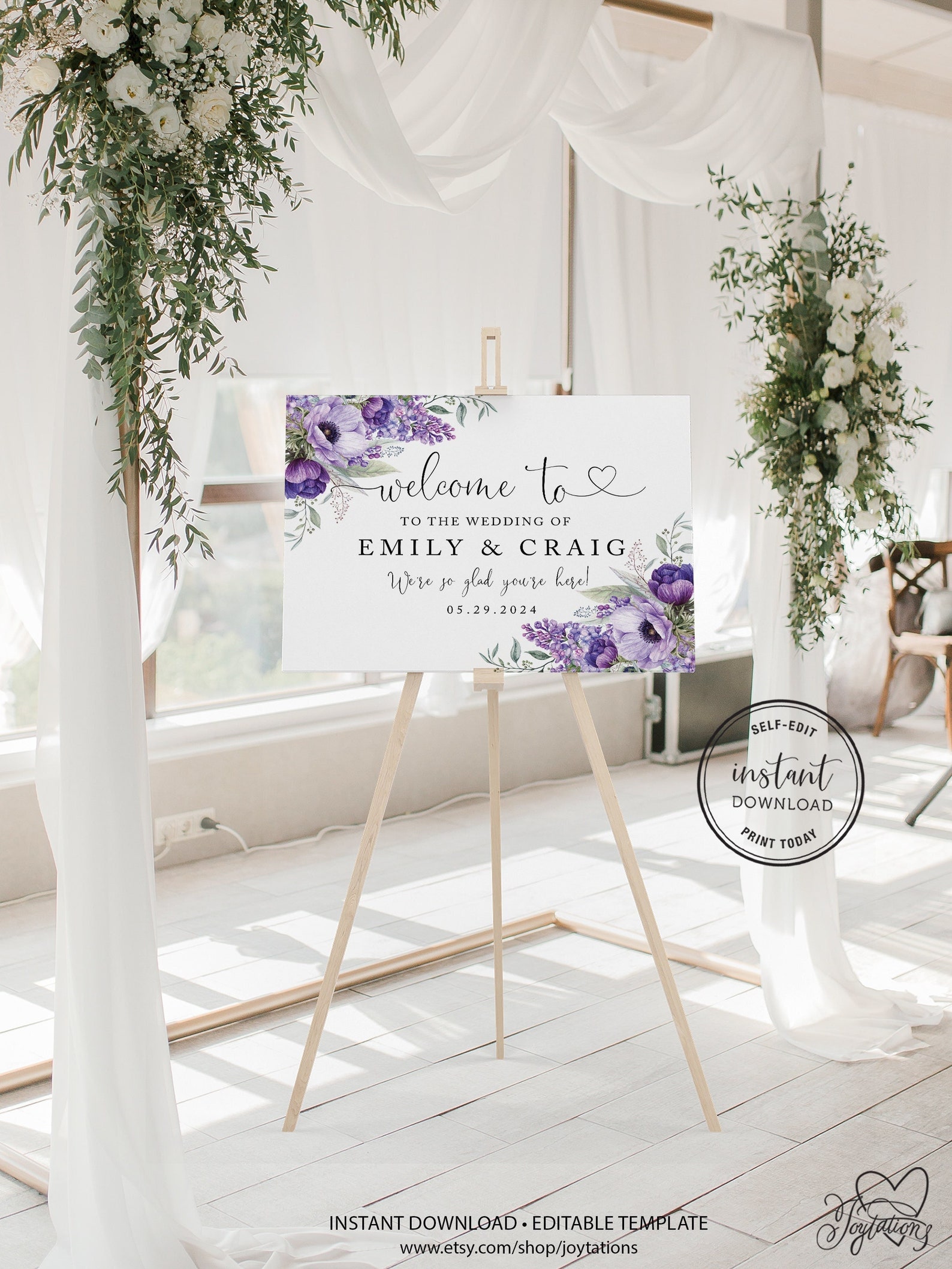 Lavender Wedding Welcome Sign Template, Lilac Floral Gold Reception ...